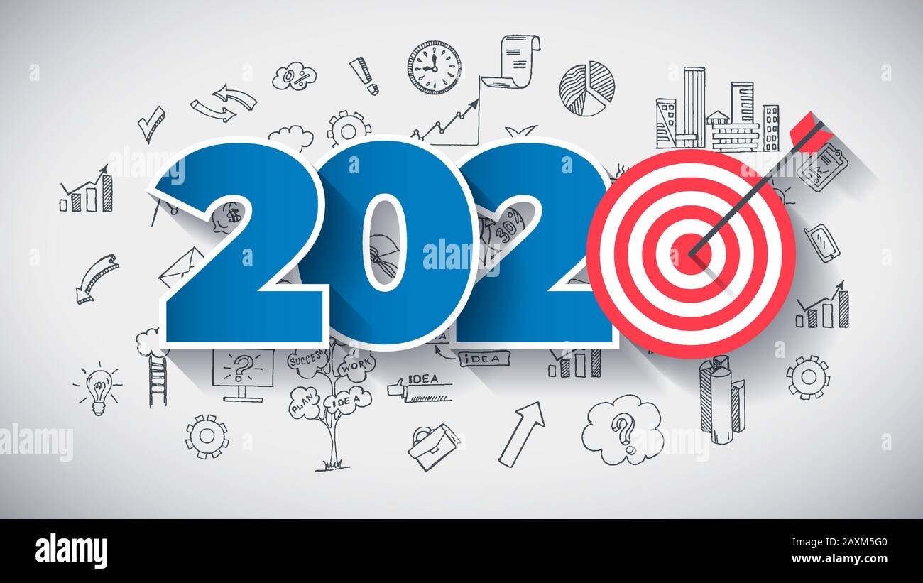 Vector illustration. 2020 target in the middle, dart hit the target ...