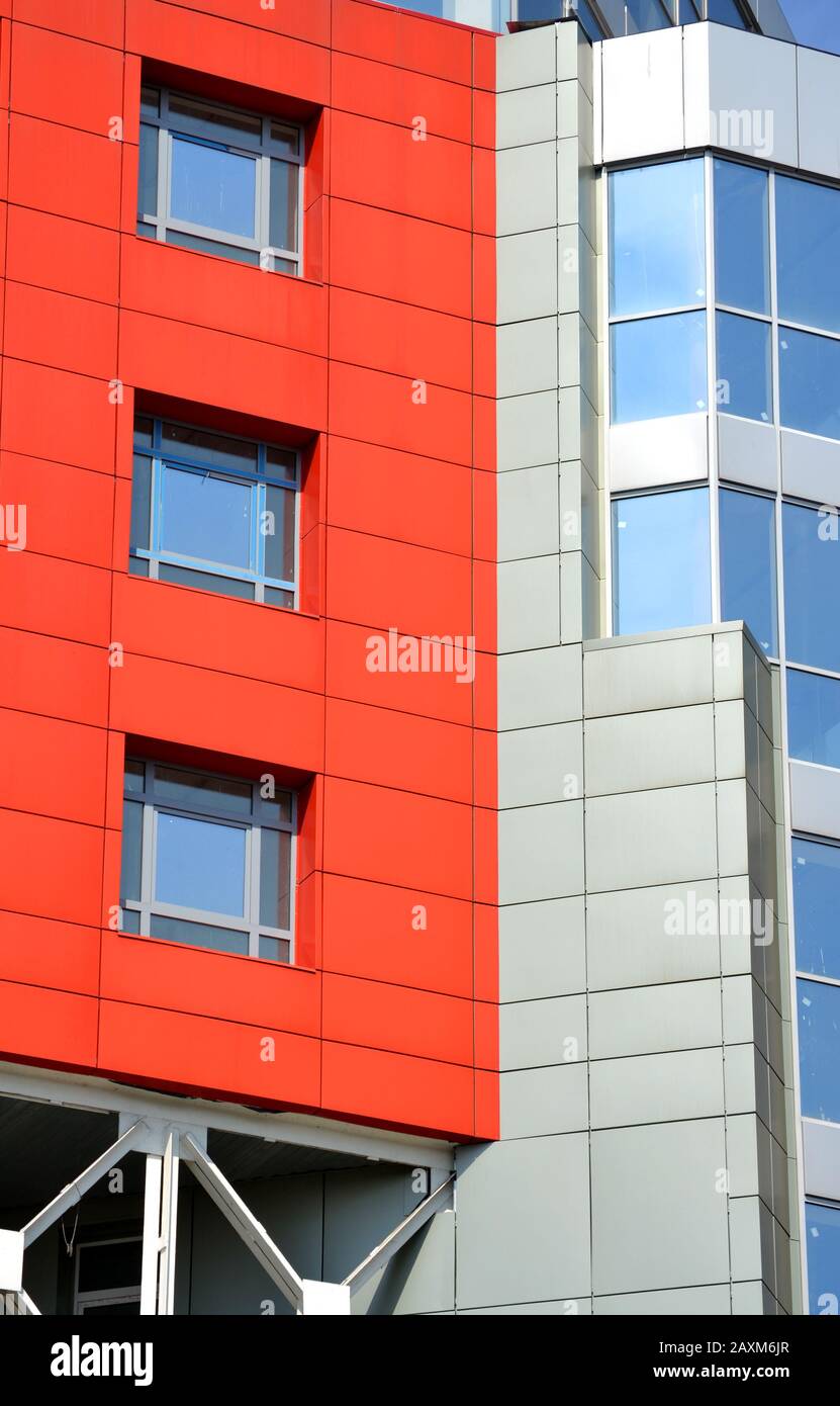 abstract facade of a modern building. Red, gray, blue color. Square ...