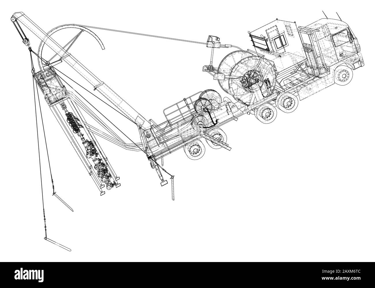 Oilfield coiled tubing equipment. Coiled tubing reel on a trailer. The ...