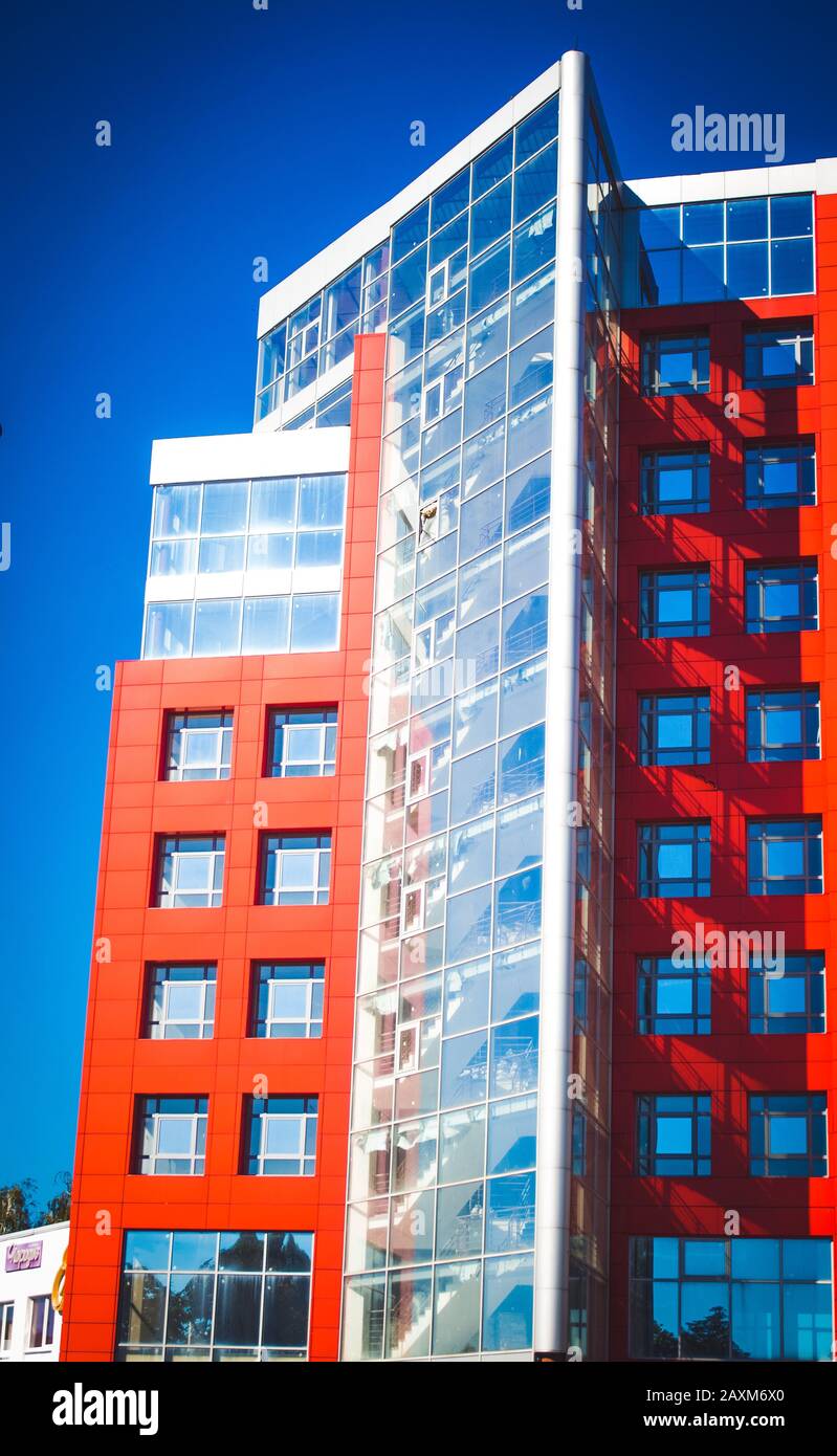 Modern Modernistic Red Building With Square Windows, Entire Building ...