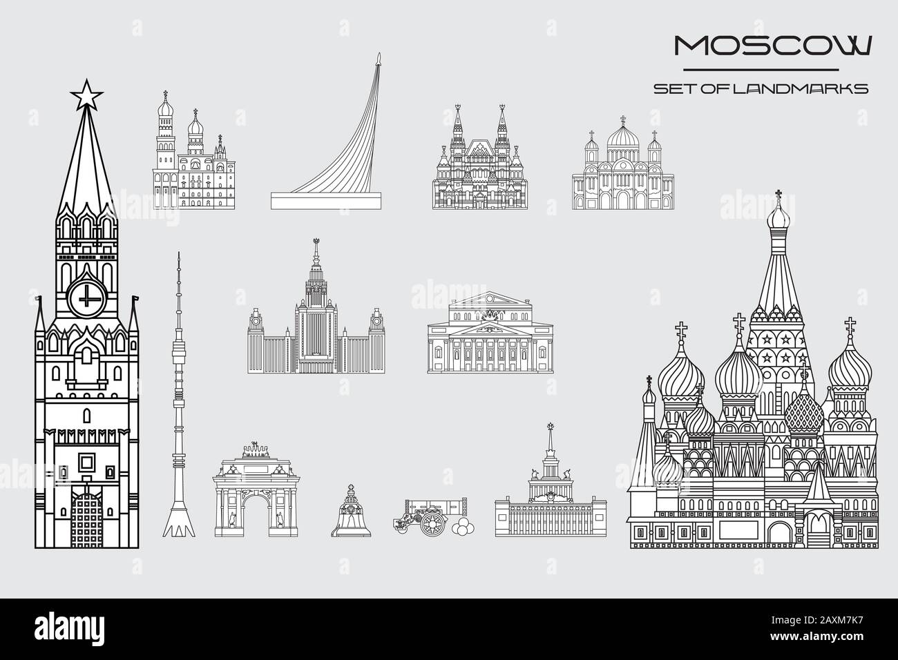 Set of vector line art illustration of landmarks of Moscow, Russia ...