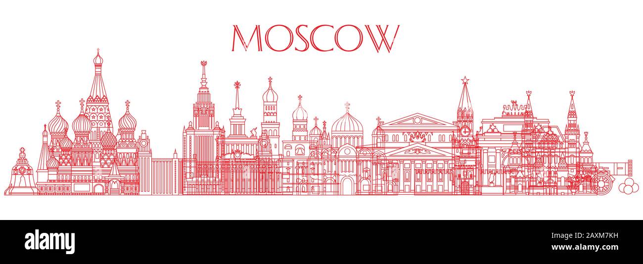 Panoramic vector line art illustration of landmarks of Moscow, Russia ...