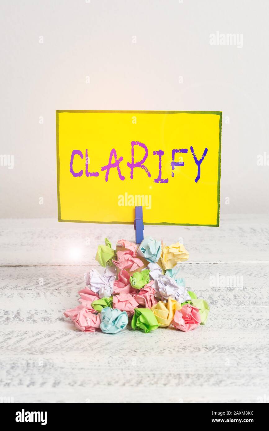 Writing note showing Clarify. Business concept for Make a statement or ...