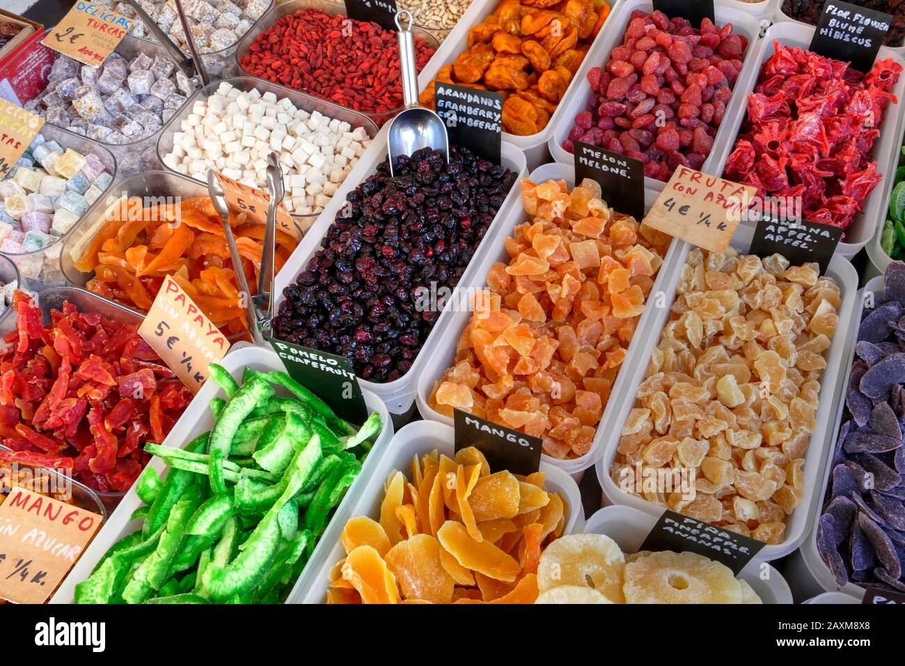 Candied fruits at the Sunday market in Pollenca, Majorca, Balearic ...