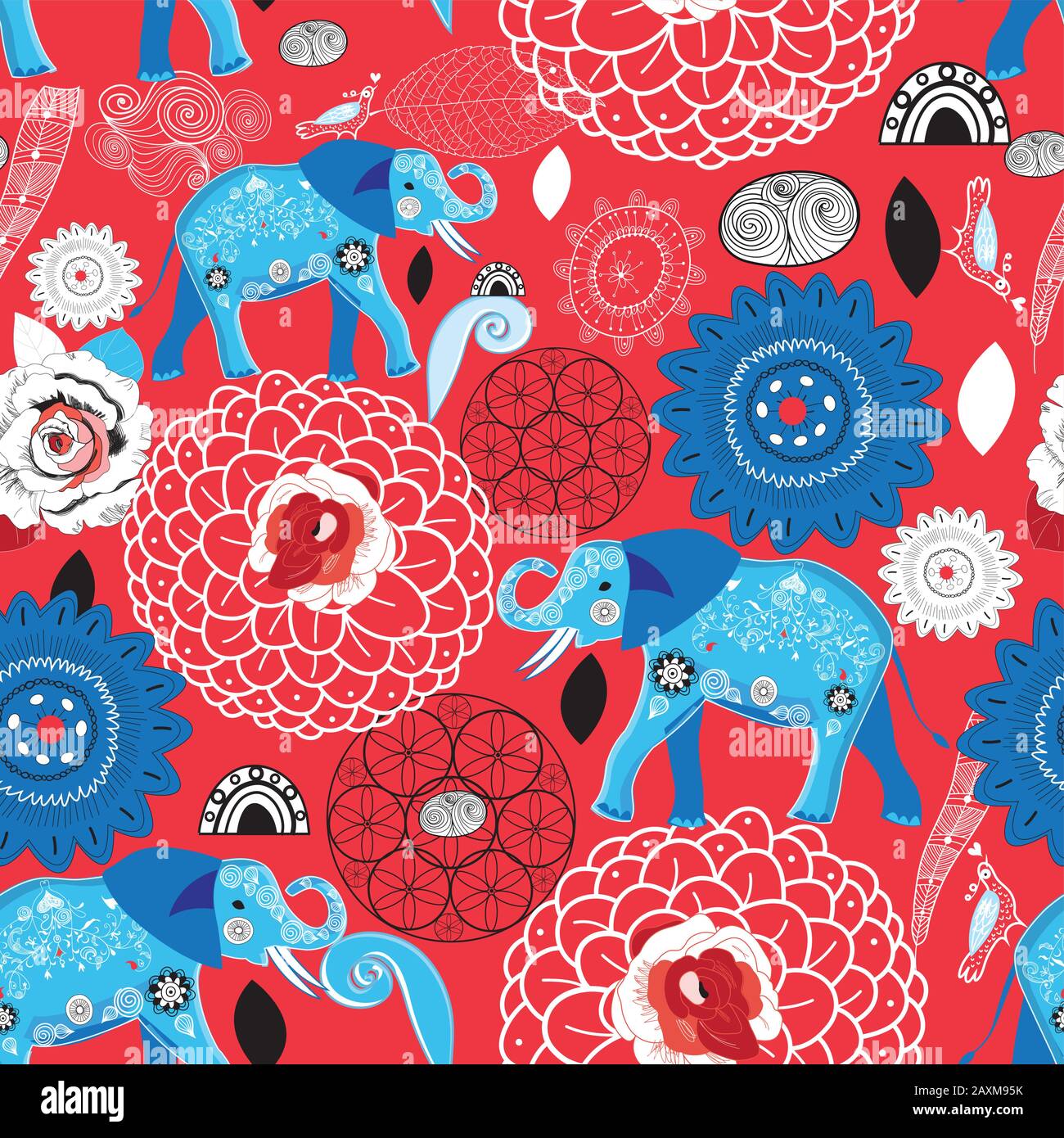 Seamless bright pattern of blue elephants on a floral red background ...