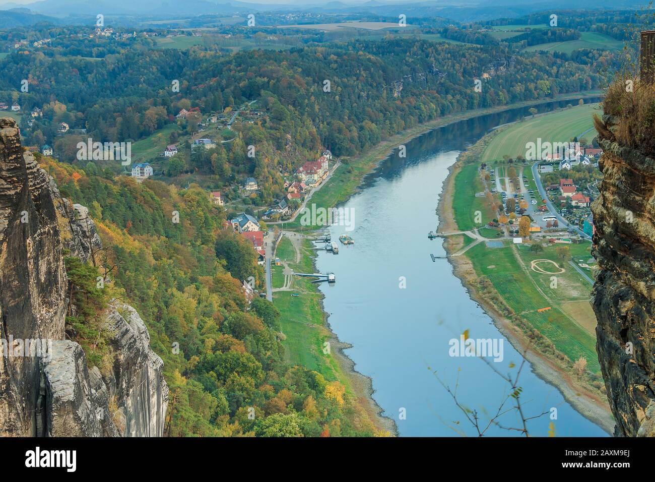 View of the Elbe valley from the Bastei bridge in the evening. View of ...