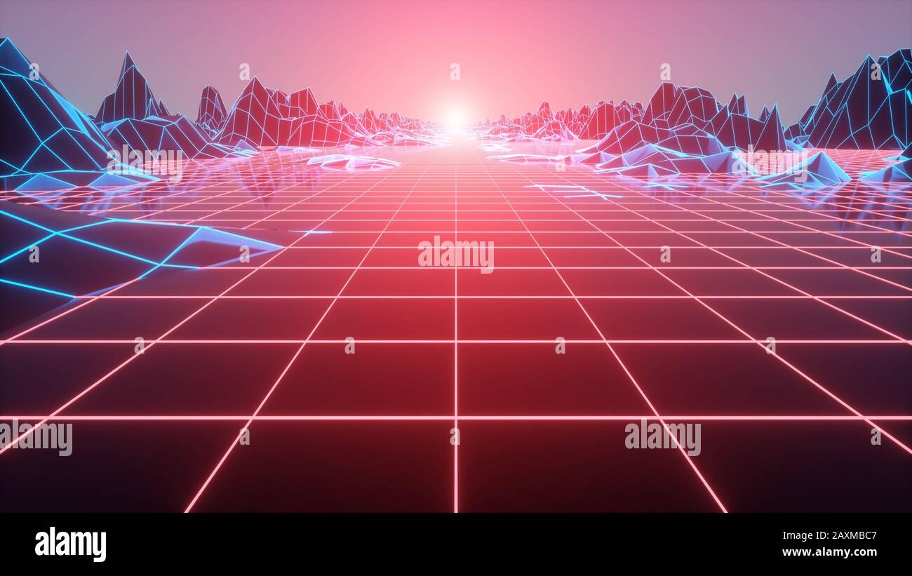 Abstract futuristic grid landscape 1980s style. 80s Retro Sci-Fi ...