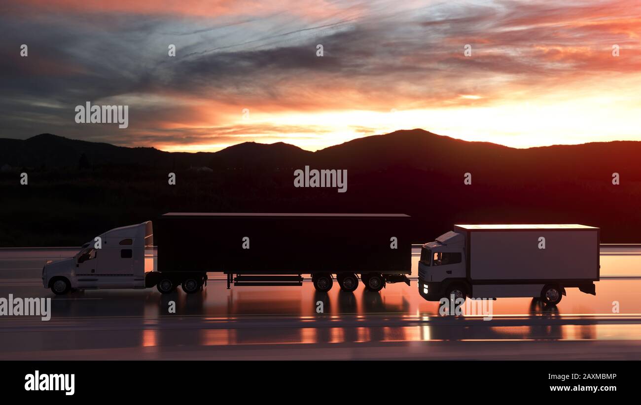 Two trucks on the road. Transports, logistics concept. 3d rendering ...