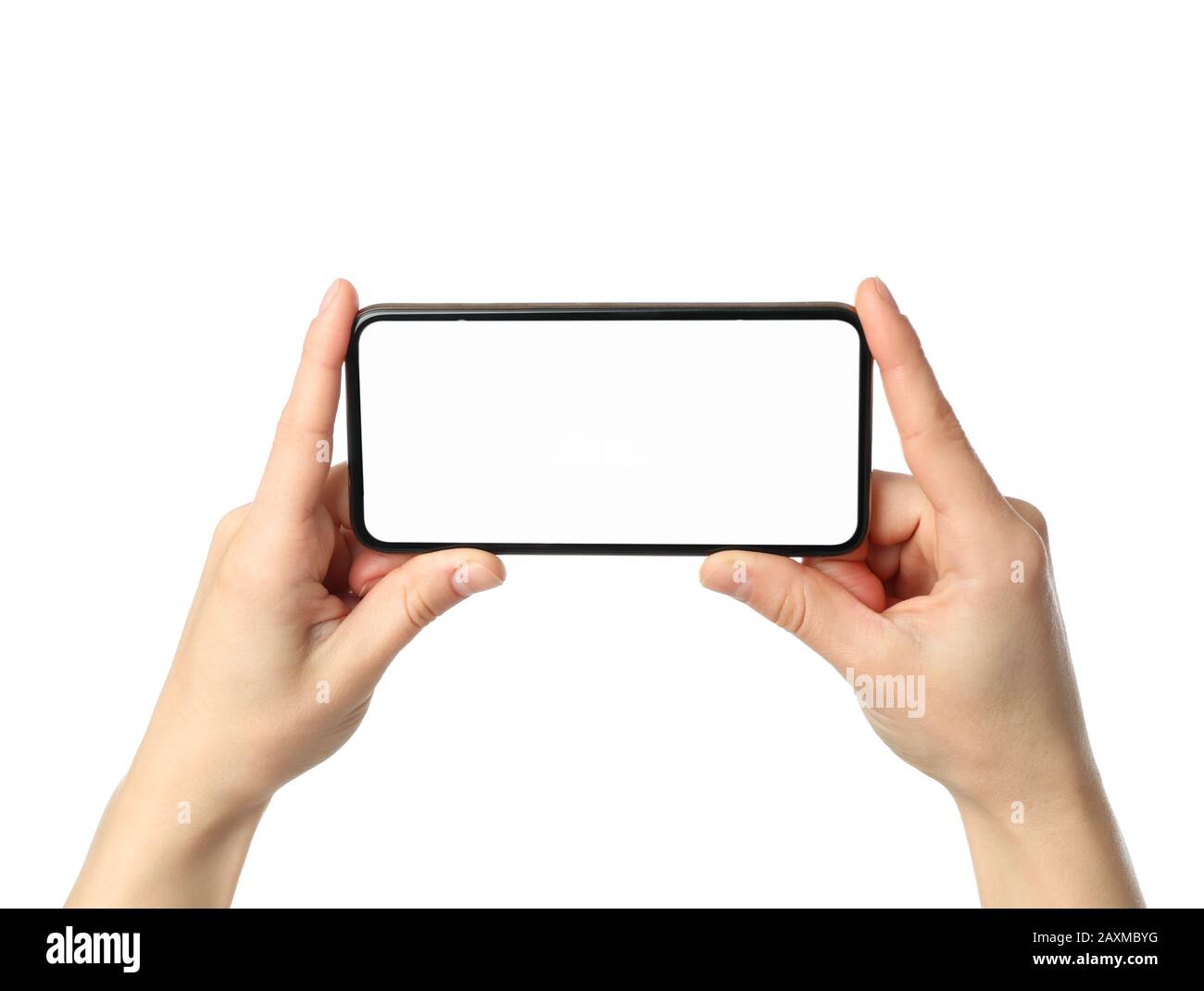 Female hands holding phone with empty screen, isolated on white ...