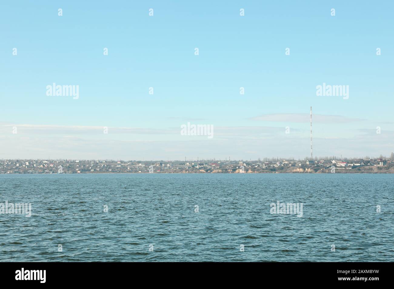 River landscape with blue sky and clouds in the distance Stock Photo ...