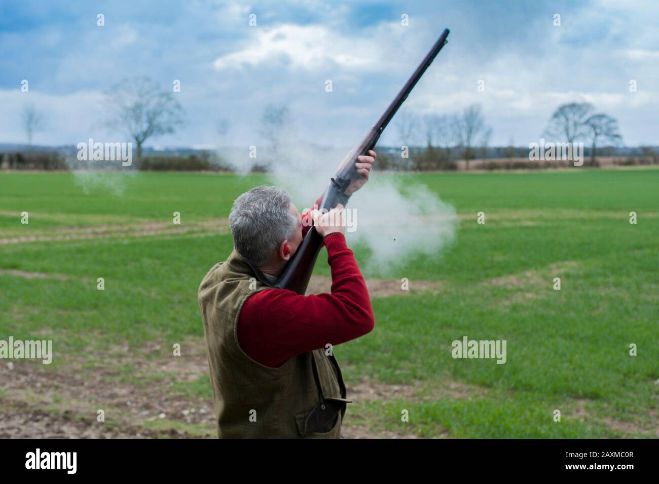 A man firing an antique black powder muzzleloading shotgun on a game ...