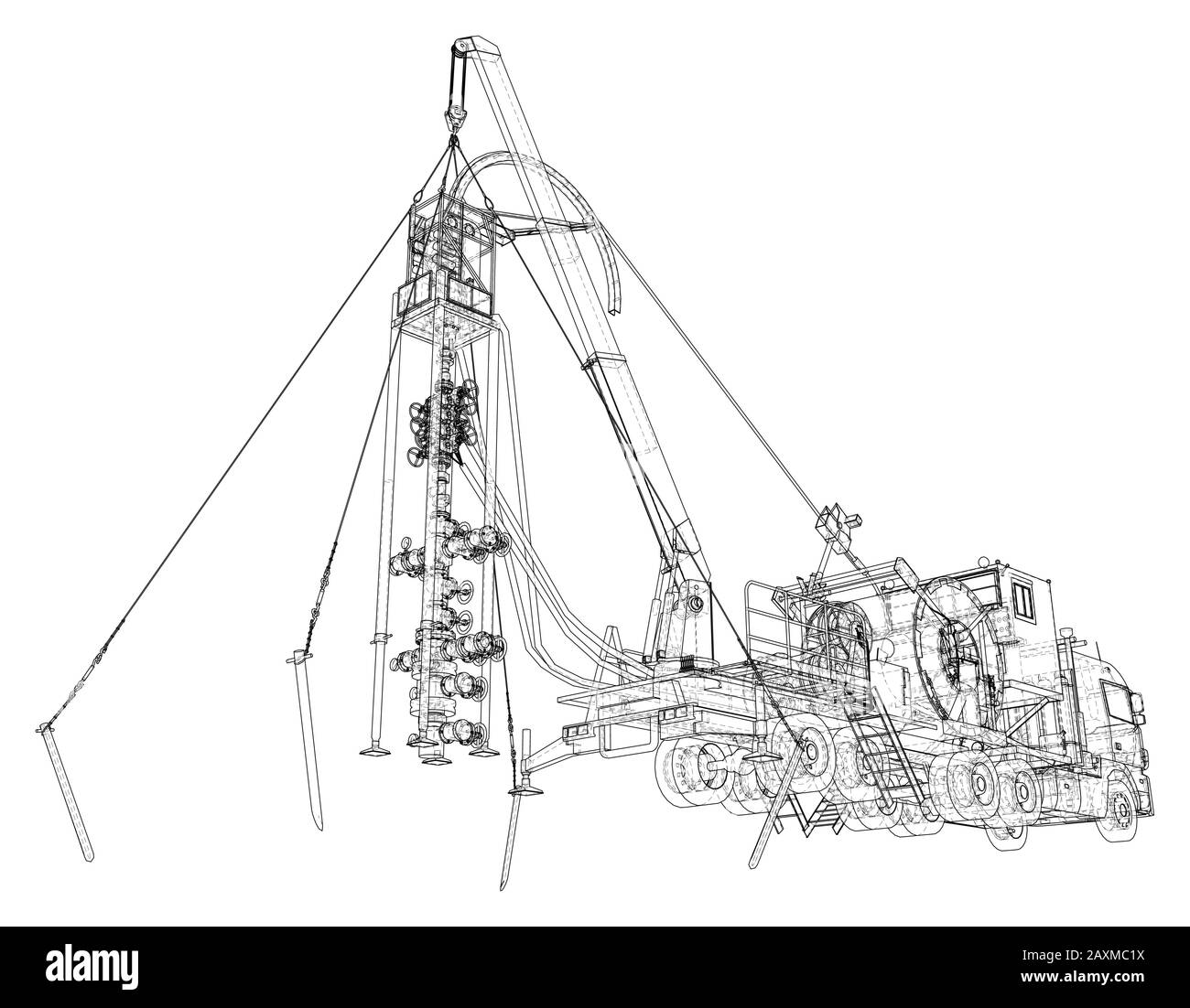 Coiled tubing unit machine. The layers of visible and invisible lines ...