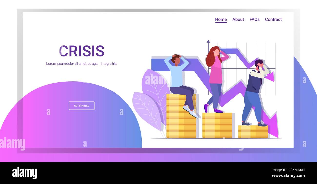 stressed businesspeople on coin piles frustrated about downward chart graph falling down arrow ...