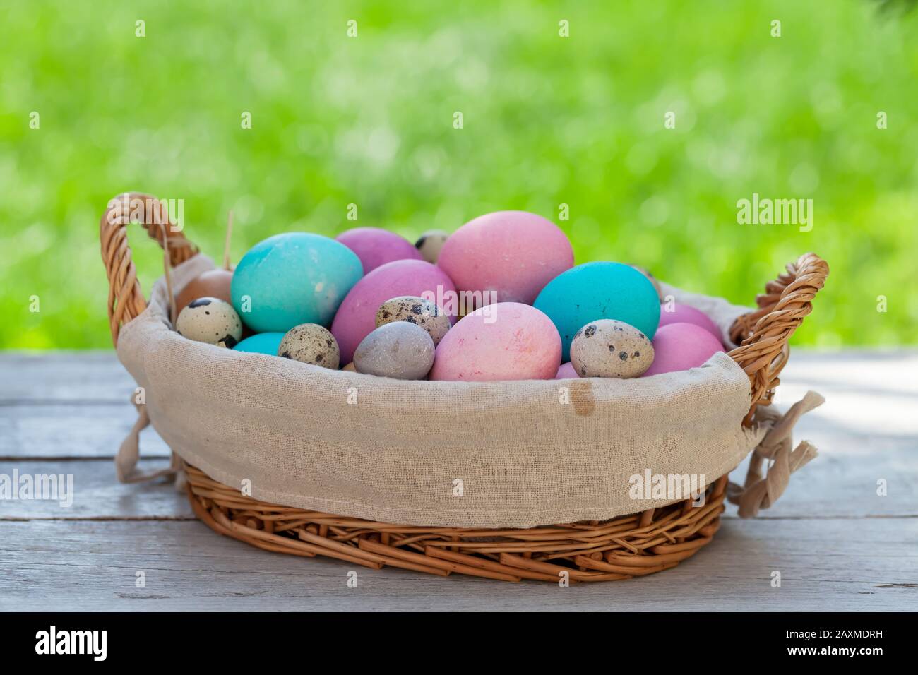 Easter eggs basket in a green grass garden. With copy space for your ...