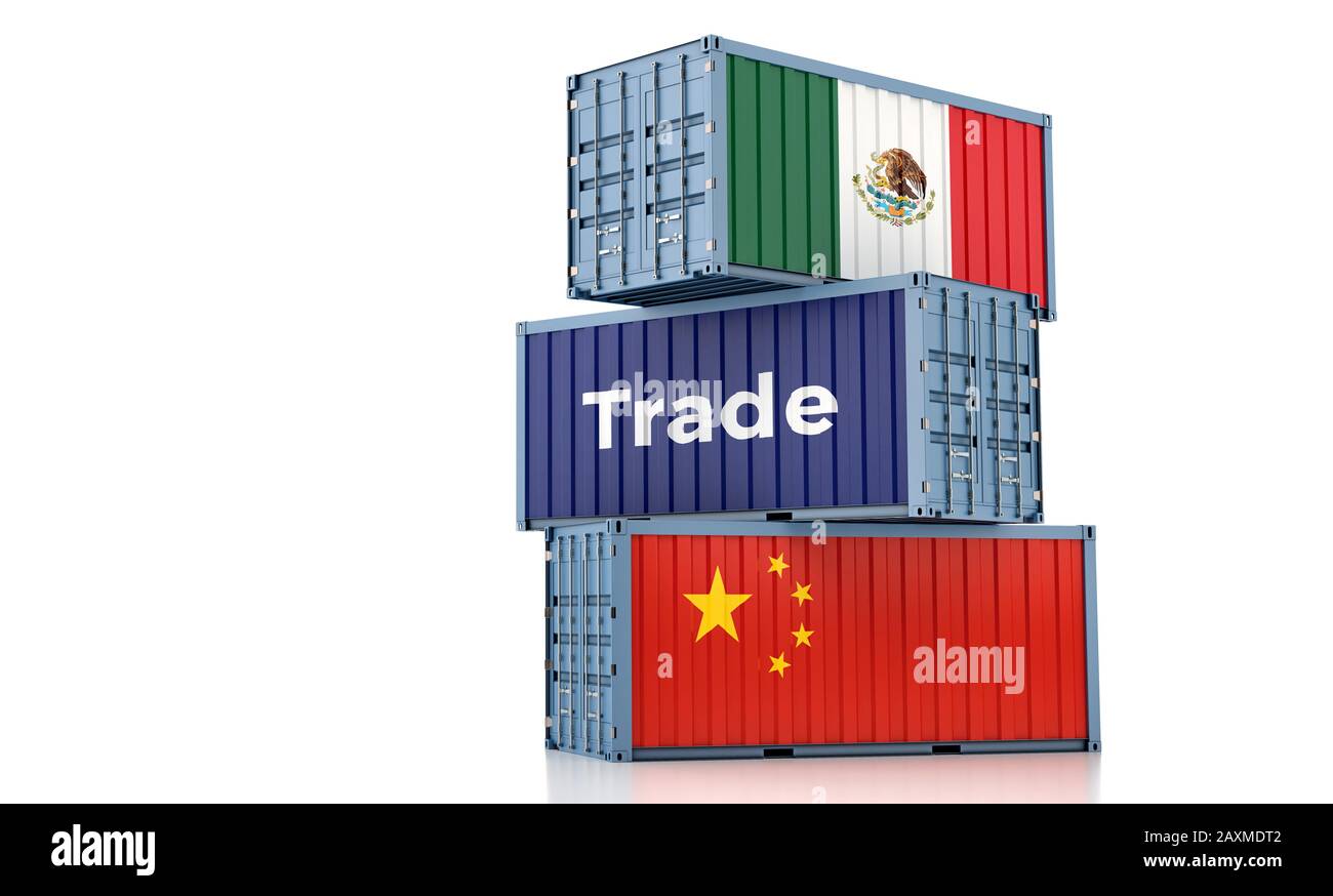 Freight container with Mexico and China flag. 3D Rendering Stock Photo ...