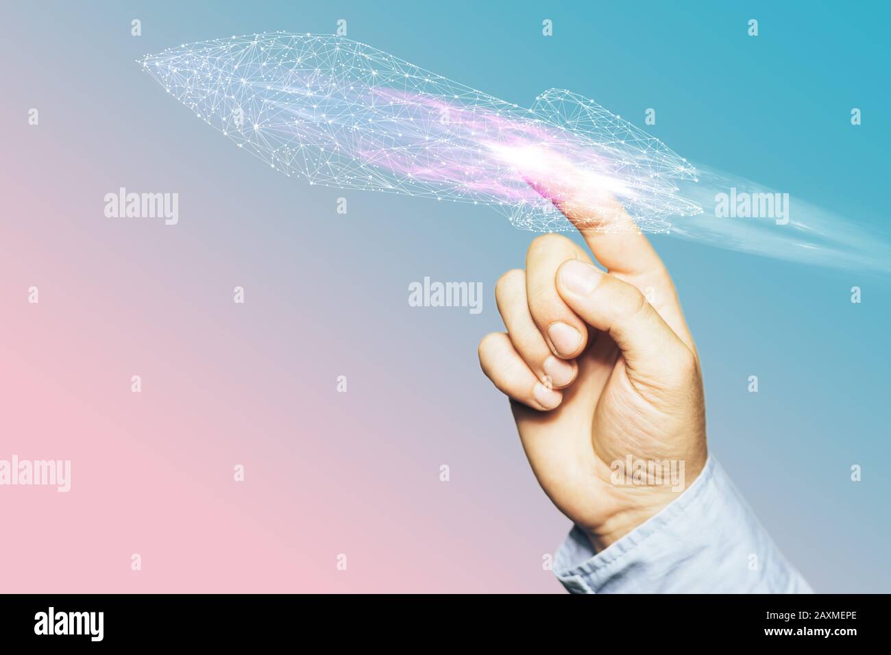 Beautiful abstract human forefinger touches spaceship collage concept ...