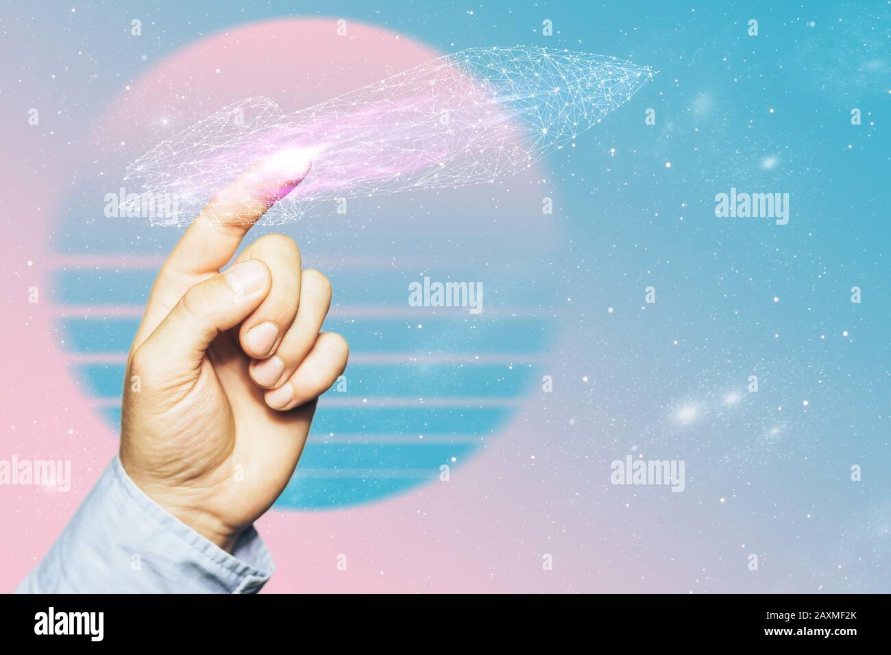 Beautiful abstract human forefinger touches spaceship collage concept ...