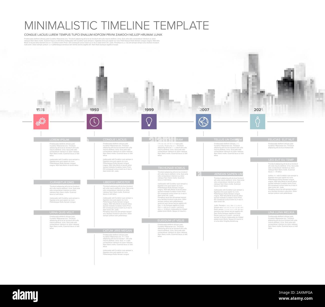 Simple timeline template with square icons, descriptions and city ...