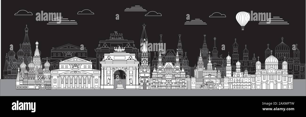 Panoramic vector line art illustration of landmarks of Moscow, Russia ...