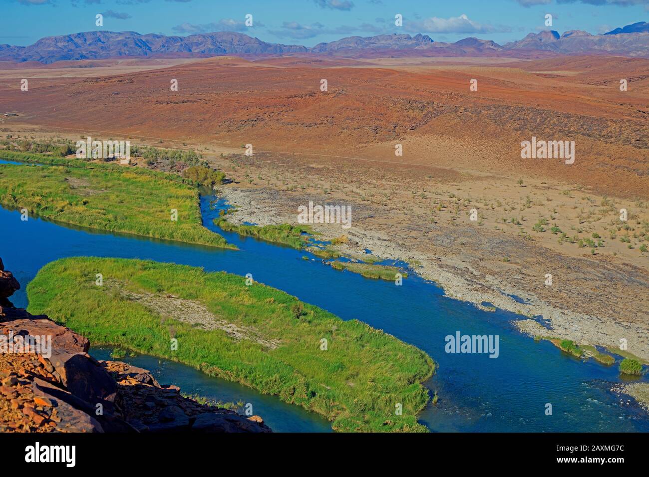 reeded sandbanks in the border river Oranje between Namibia and South ...