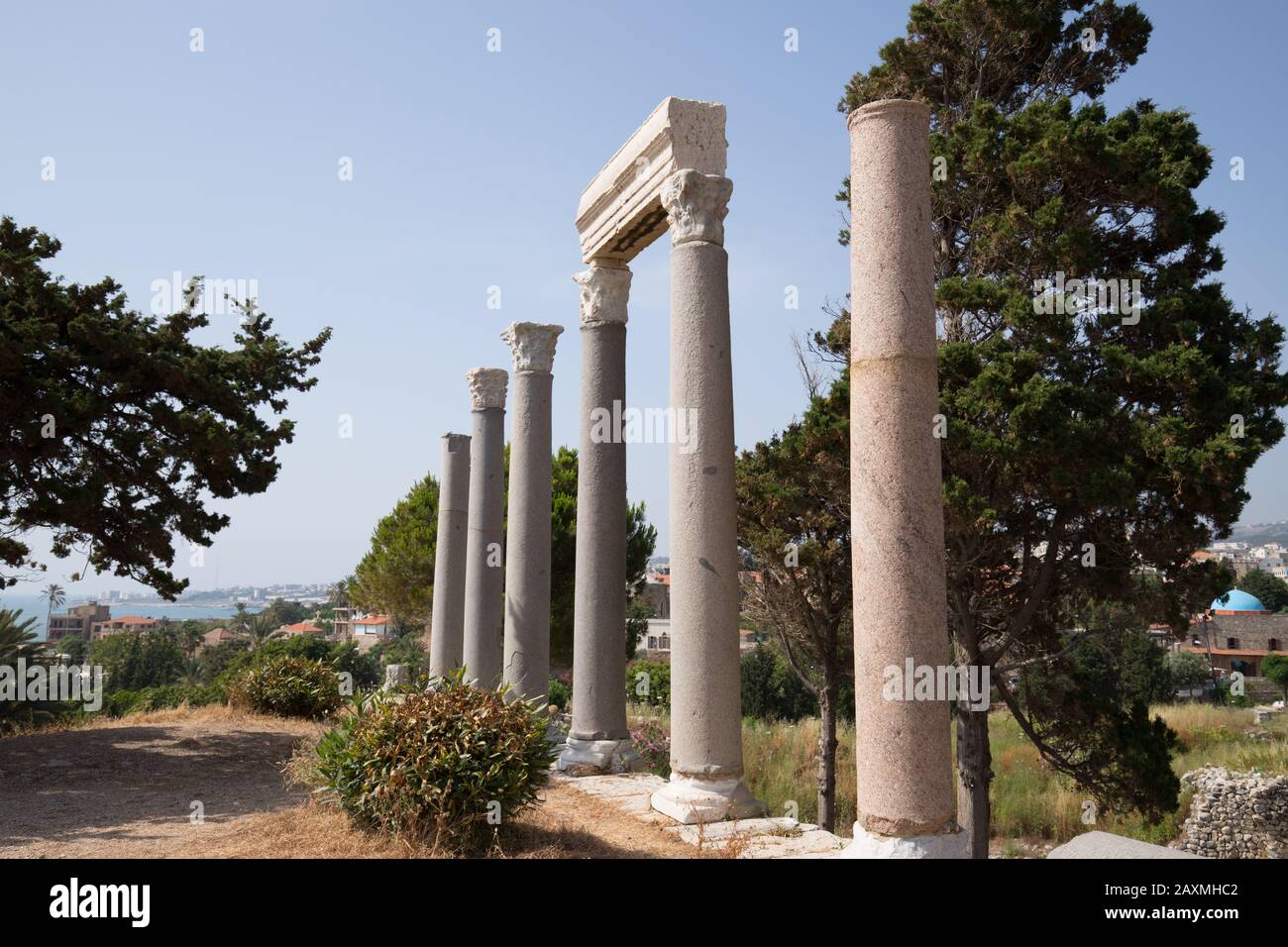 Remains of Roman columns. View of the Roman ruins of Byblos. Byblos ...