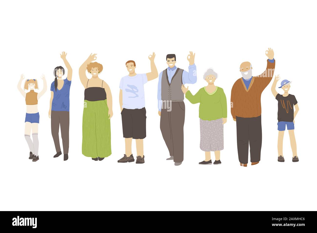 Group of happy joyfull different generation people, waving hands and ...