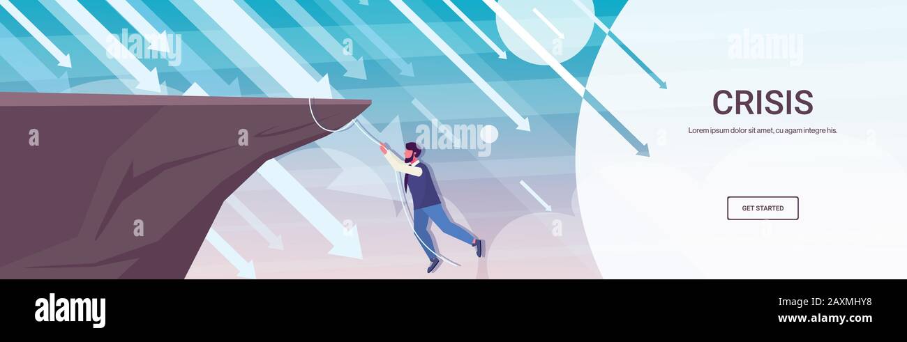 businessman climbing on cliff from abyss arrows falling down financial ...