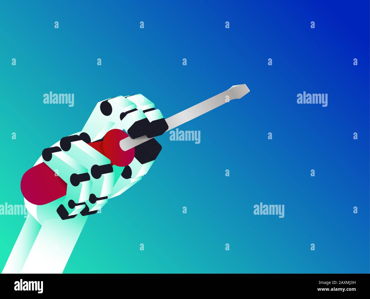 Robotic hand is holding screwdriver. Isolated on blue background ...
