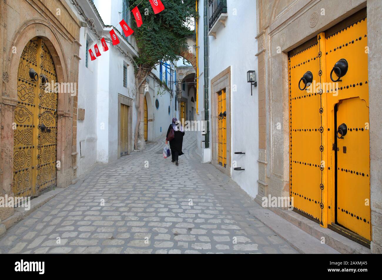 Typical cobbled and narrow street (Dar el Jeld street) with colorful ...
