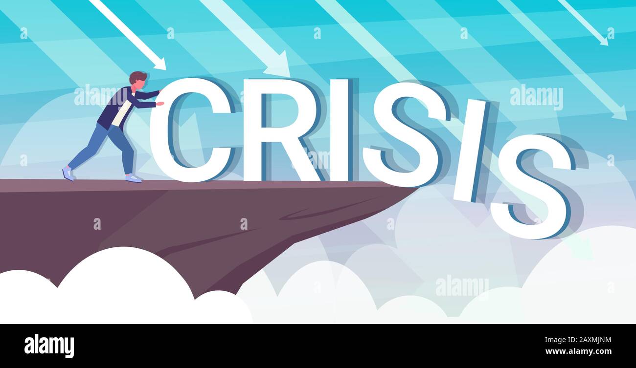 businessman pushing crisis word into abyss problem solution finance ...