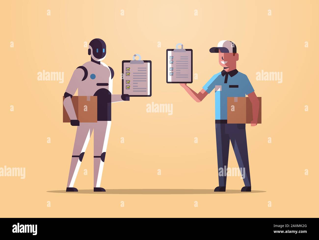 robotic postman with man courier holding parcel boxes receiving forms ...