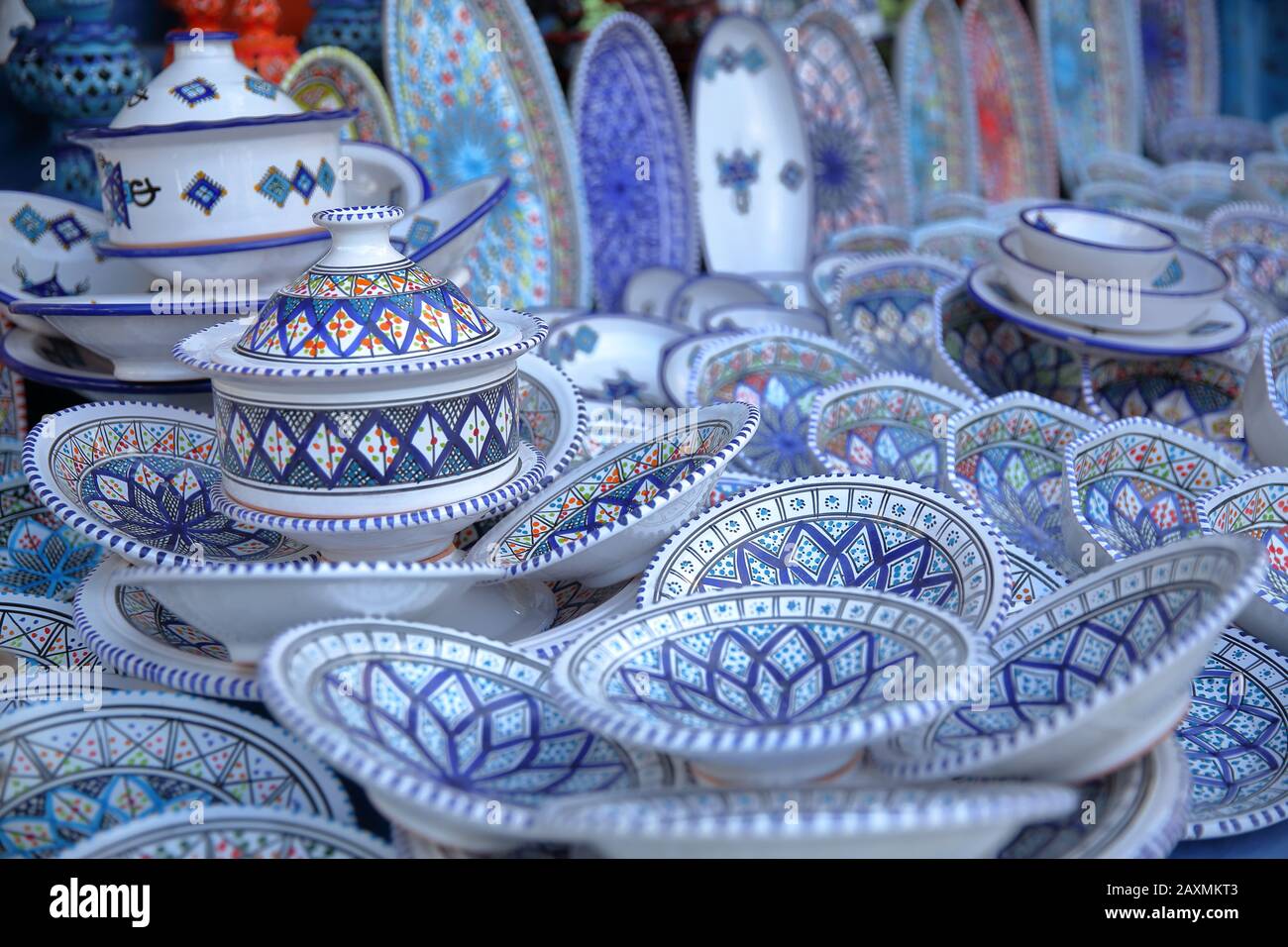 Hand made ceramic souvenirs with colorful patterns in the medina of ...