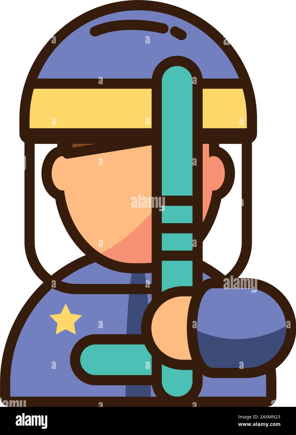 cartoon police holding a bat icon over white background, colorful fill ...