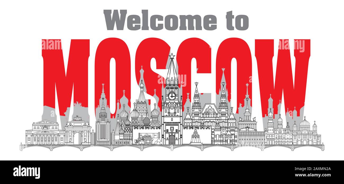 Welcome to Moscow. Panoramic vector line art illustration of landmarks ...