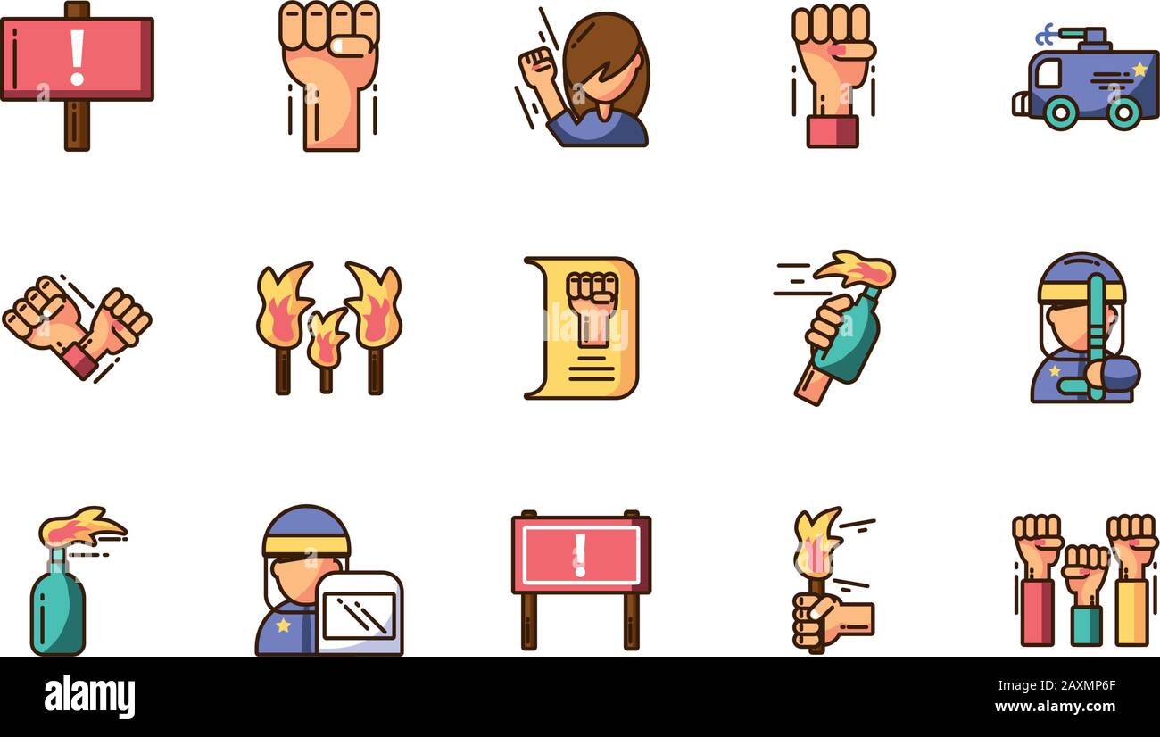 protest concept of icons set over white background, colorful fill style ...