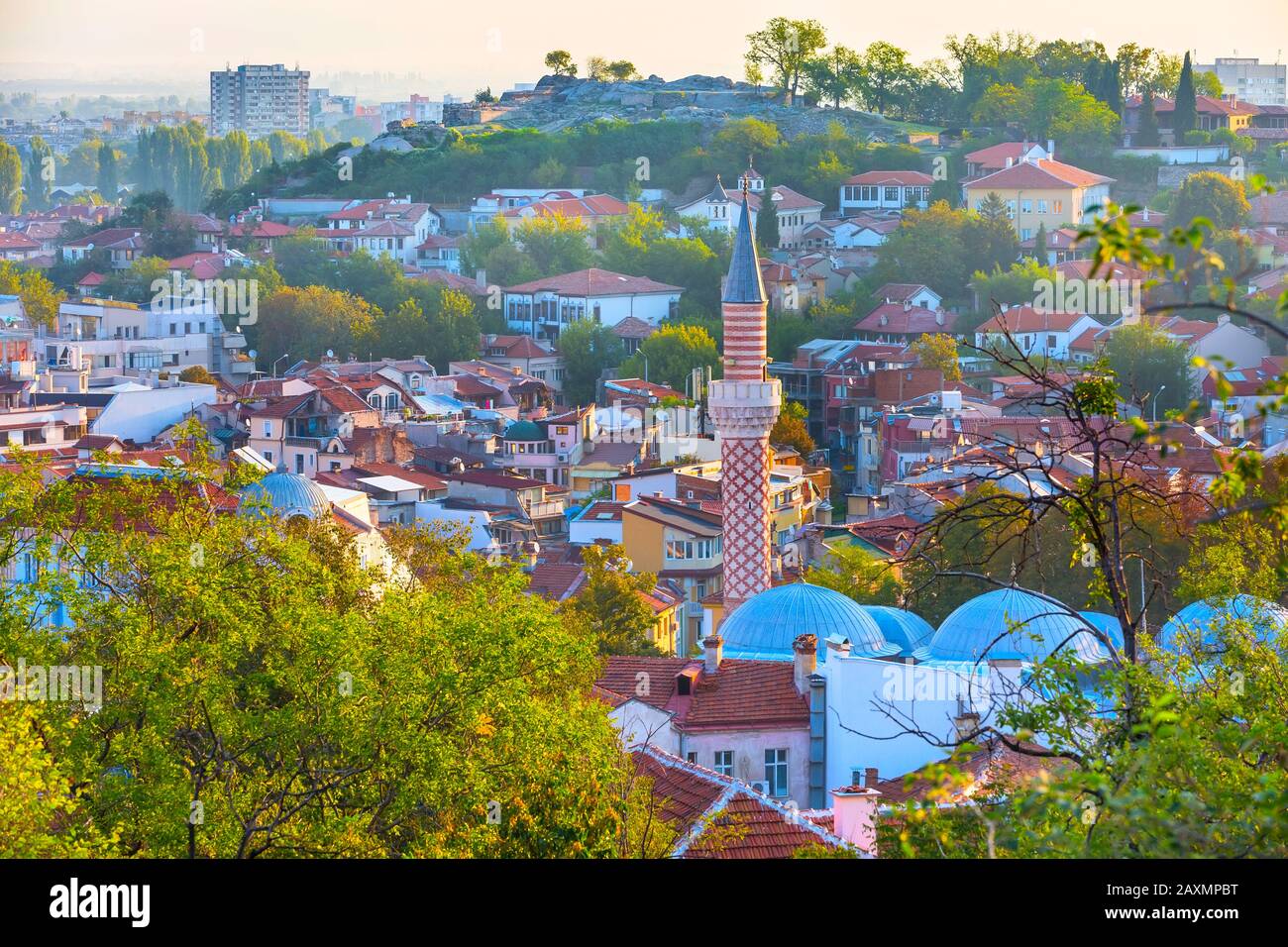 Plovdiv aerial skyline panorama, Bulgaria with Djumaya mosque tower and ...