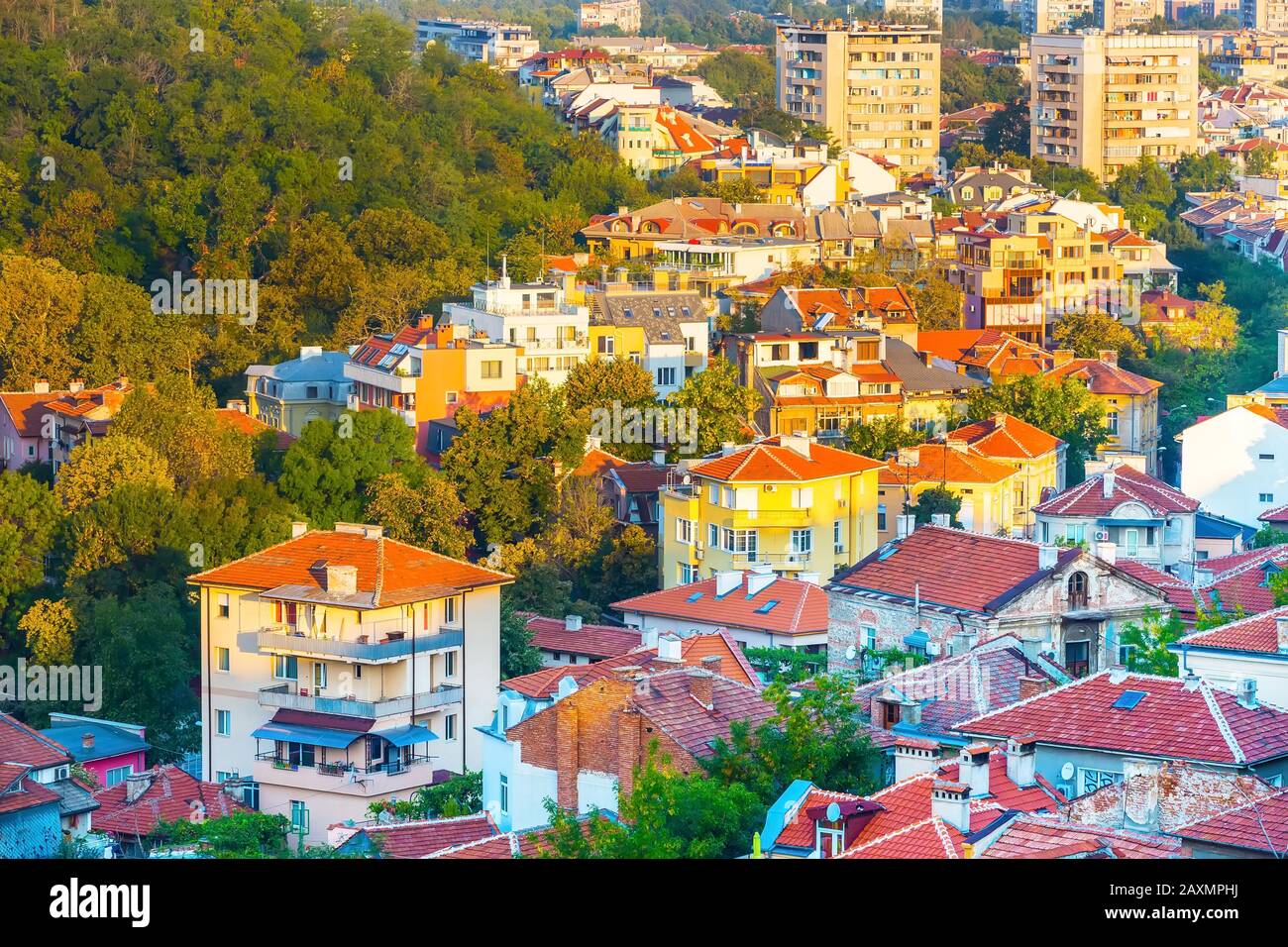 Plovdiv aerial skyline panorama, Bulgaria with old colorful houses ...