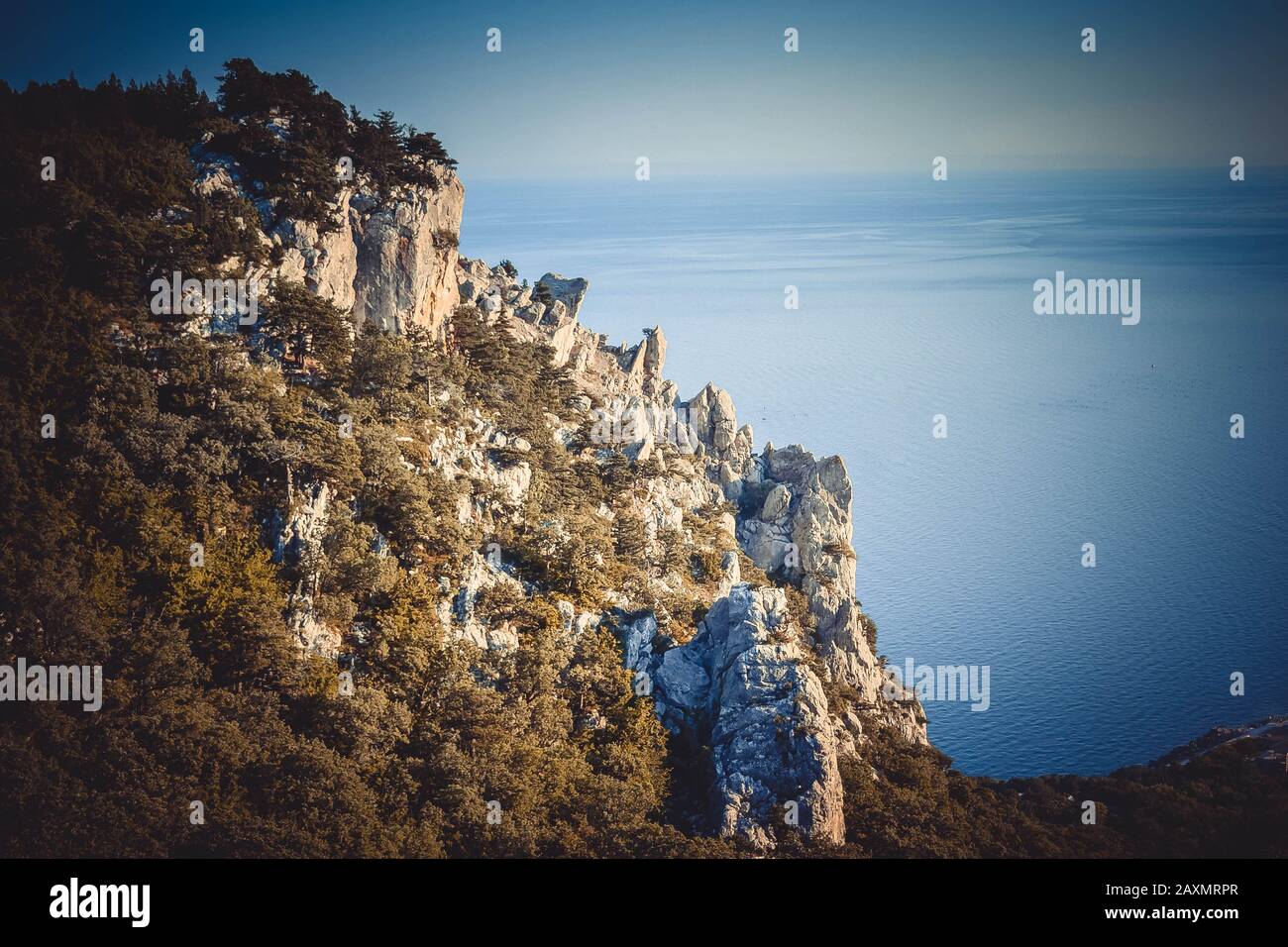 sharp tip of a cliff with trees and sea Stock Photo - Alamy