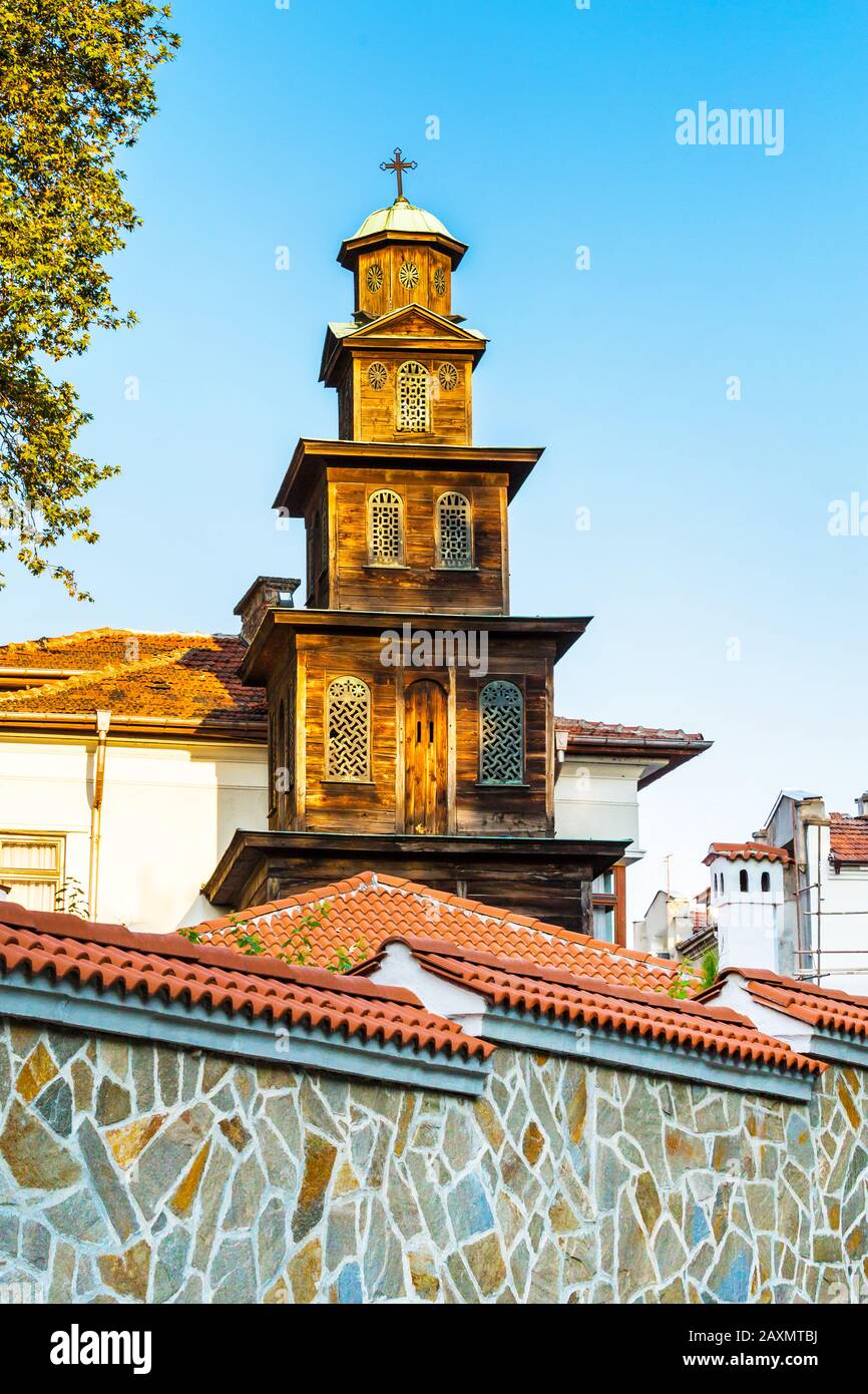 Old wooden St. Marina church bell tower in Plovdiv, Bulgaria against ...