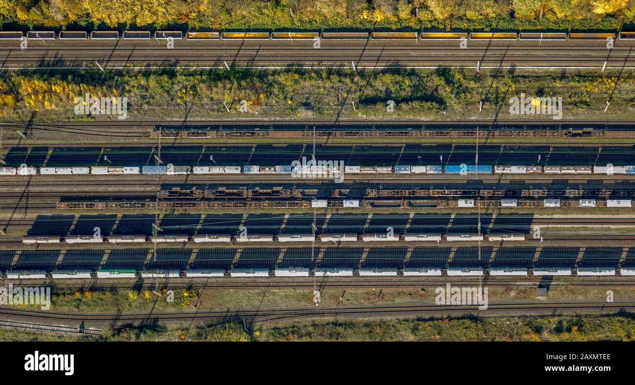 Aerial shots, railway cars on German Railways tracks, container ...