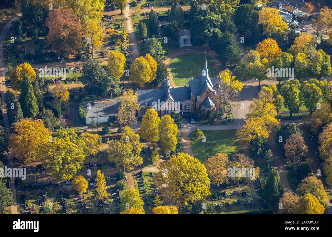 Aerial shots, north cemetery, church, Chapel north cemetery, tombs ...