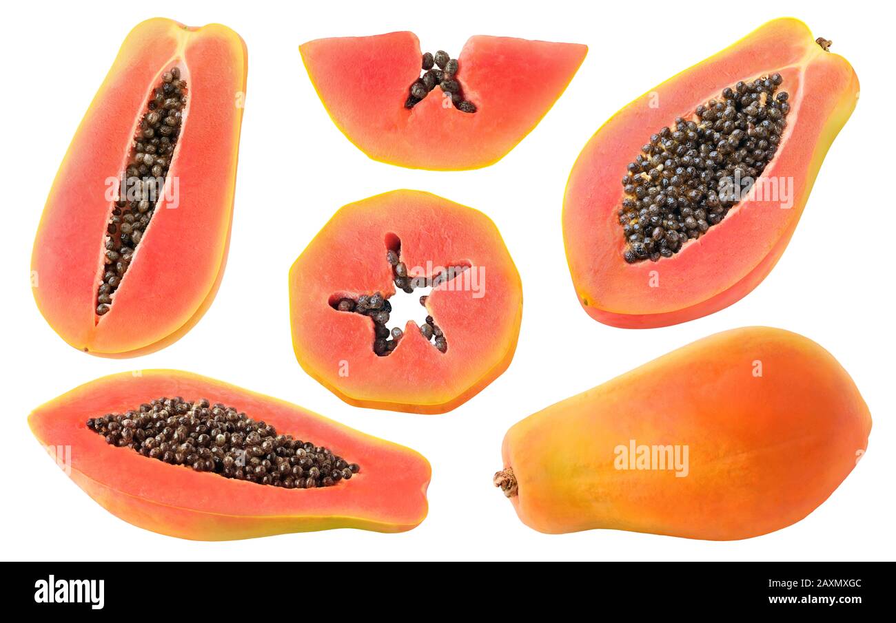 Isolated cut papaya. Collection of whole papaya fruits and pieces of ...