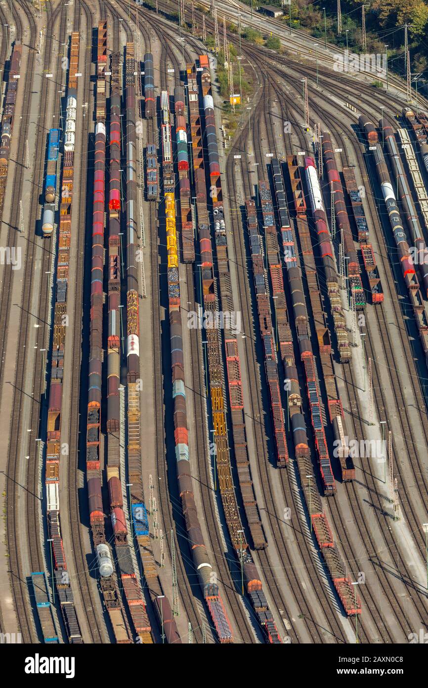 Aerial picture, marshalling yard Hagen vestibule, train carriage, cargo ...