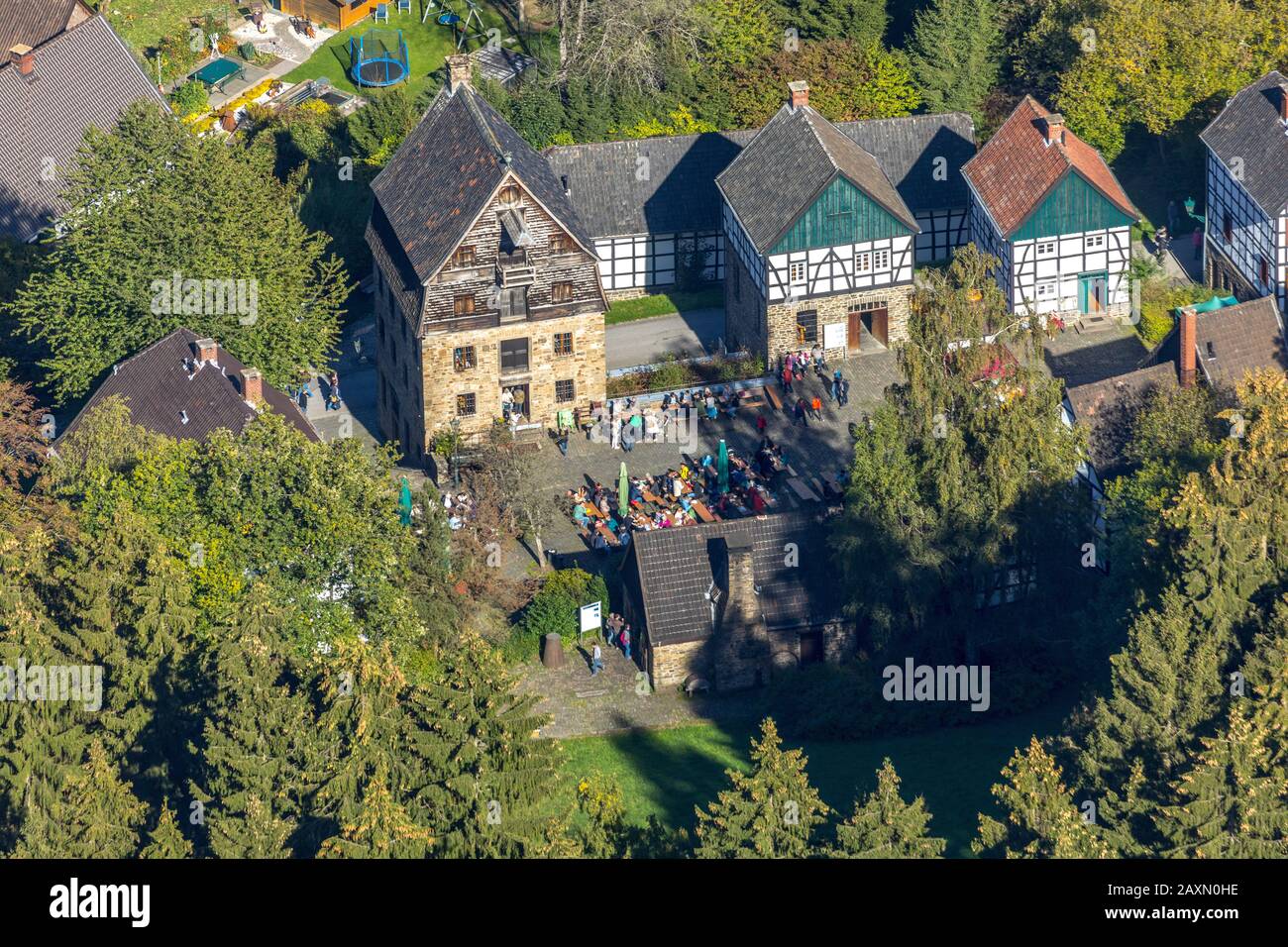 Aerial picture, German smith museum, zinc rolling mill, Mäckingerbach ...