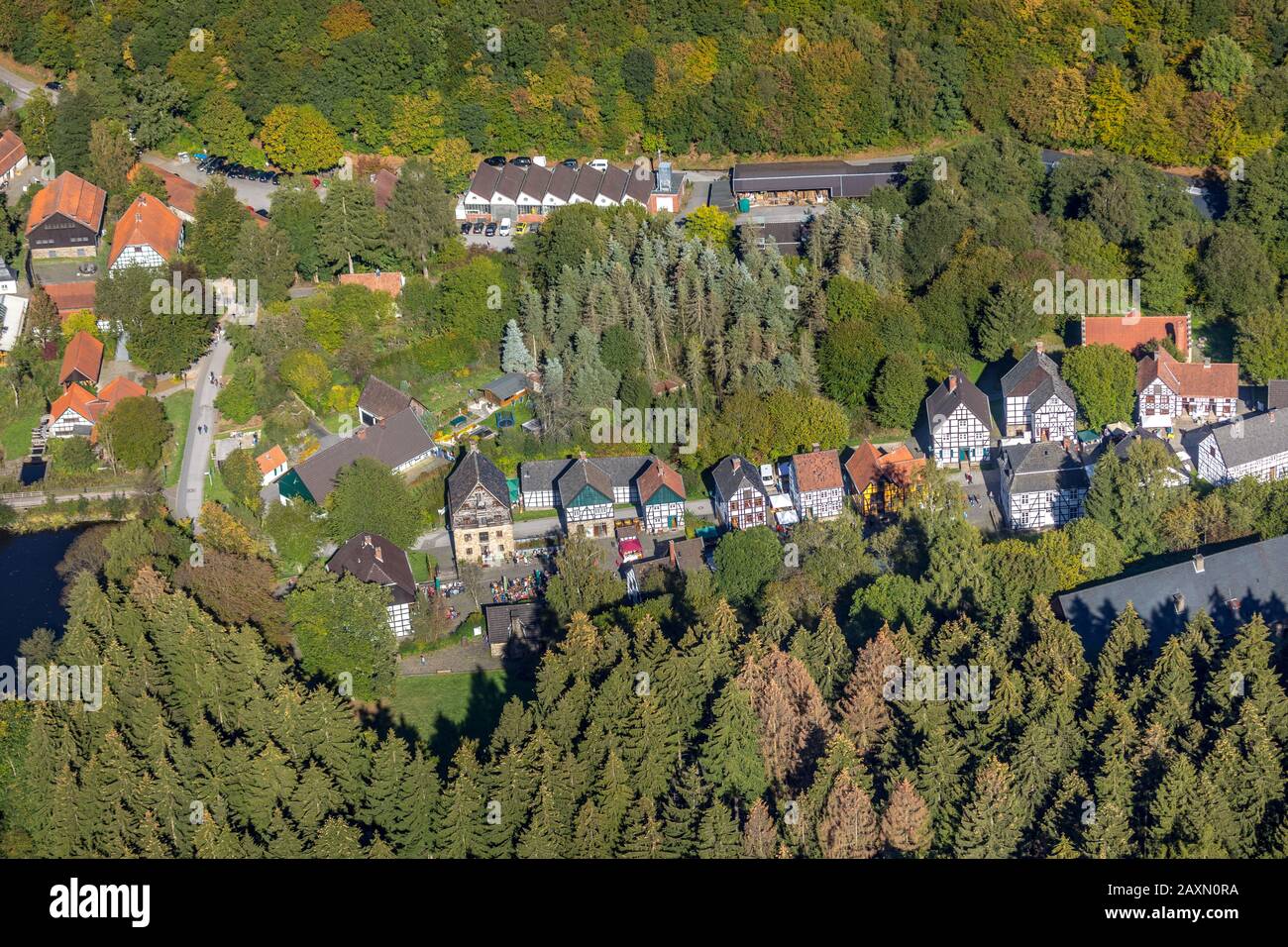 Aerial picture, German smith museum, zinc rolling mill, Mäckingerbach ...