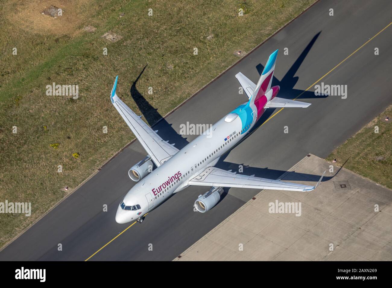 Aerial picture, Eurowings jet on the Taxiway to the gate, international airport of Dortmund, DTM ...