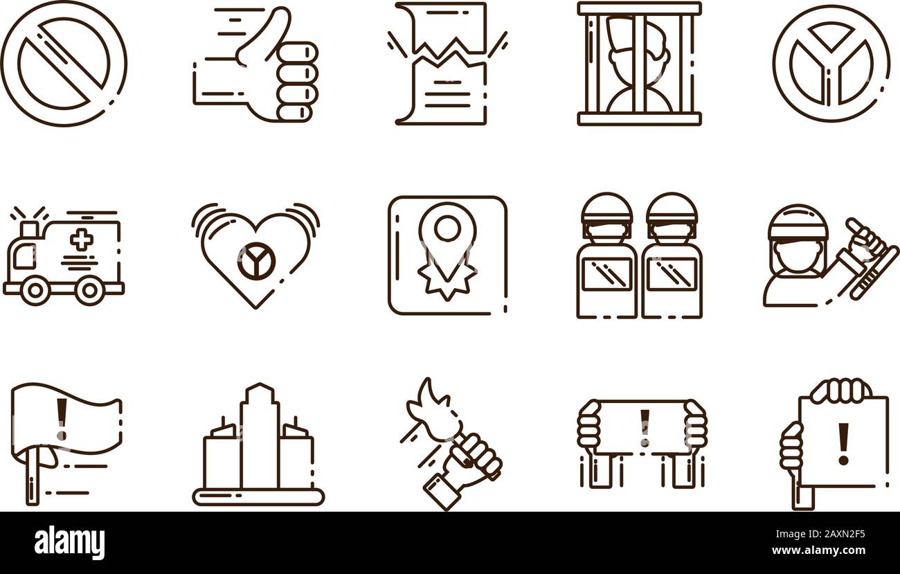 icon set of protest and police concept over white background, line ...