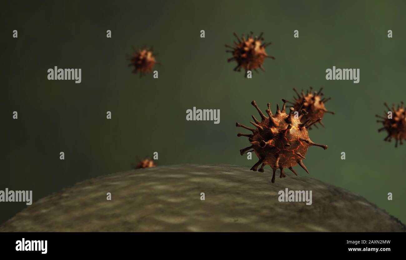 Microscopic view of influenza virus cells. 3D medical illustration ...