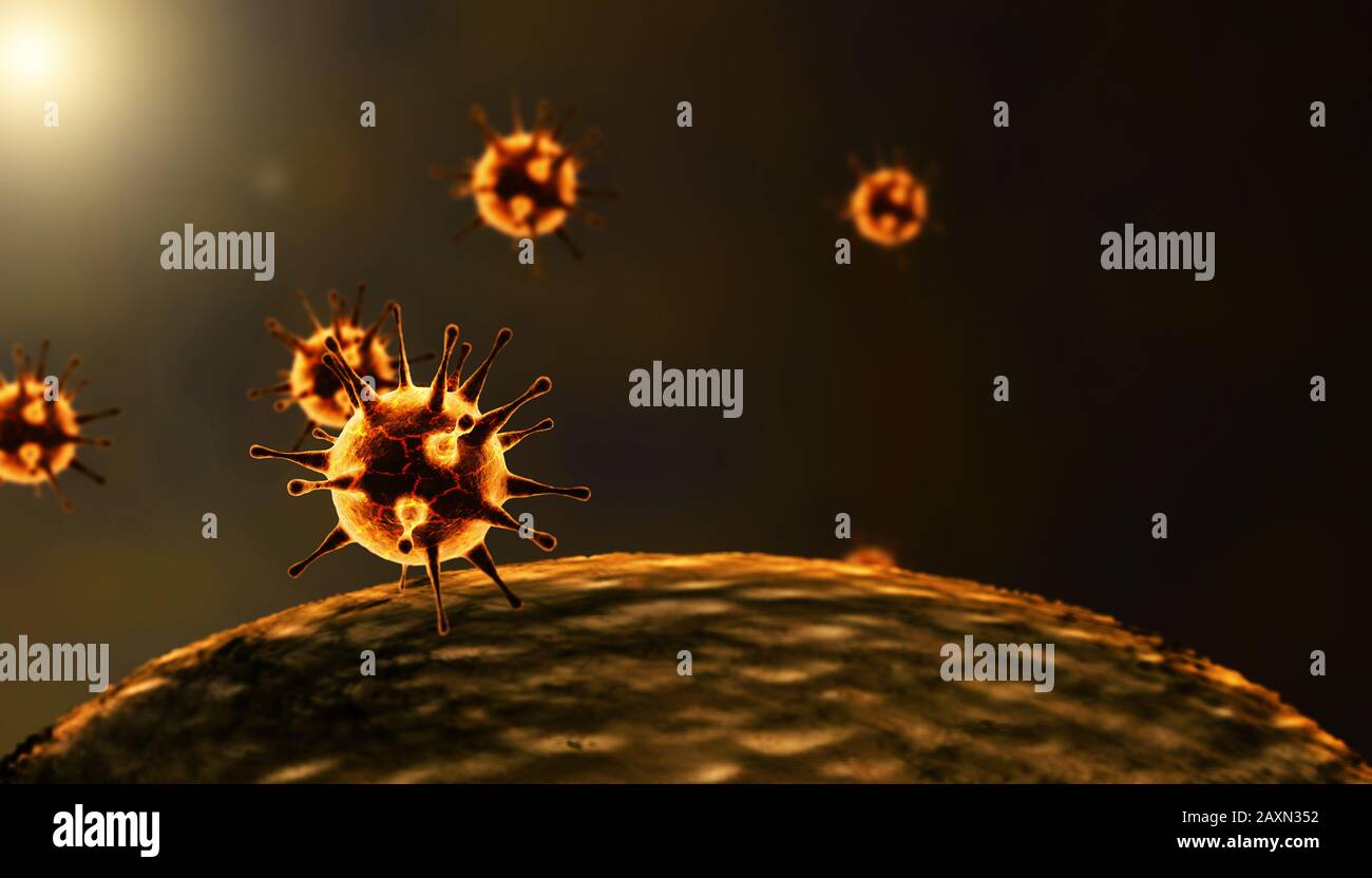 Microscopic view of influenza virus cells. 3D medical illustration ...
