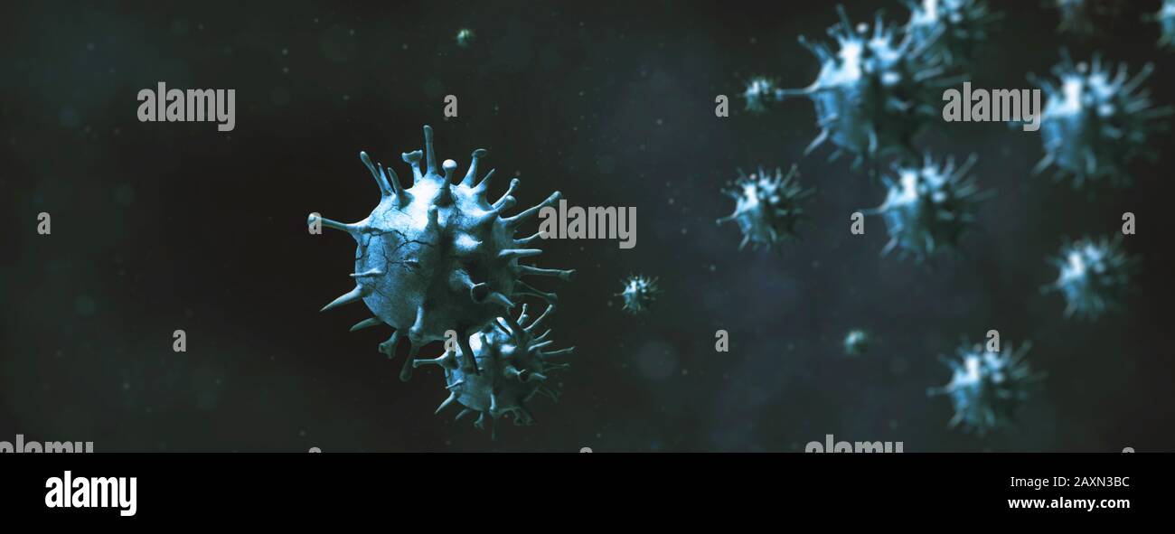 Microscopic view of influenza virus cells. 3D medical illustration ...